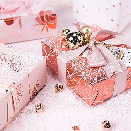 WRAPAHOLIC Wrapping Paper Roll - Rose Gold Floral, Dandelion, Lines and Polka Dots for Wedding, Birthday, Baby Shower - 4 Rolls - 30 inch X 120 inch Per Roll