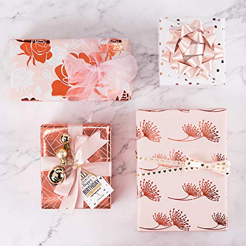 WRAPAHOLIC Wrapping Paper Roll - Rose Gold Floral, Dandelion, Lines and Polka Dots for Wedding, Birthday, Baby Shower - 4 Rolls - 30 inch X 120 inch Per Roll