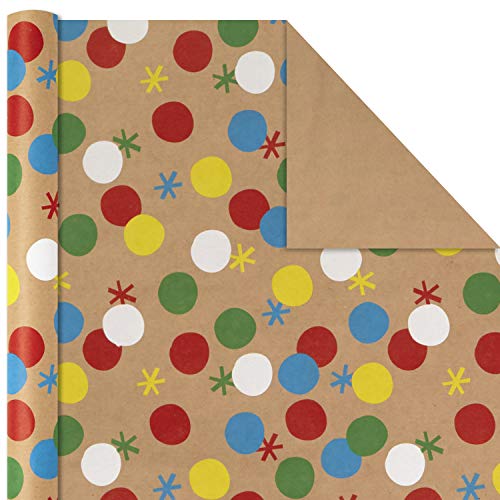 Hallmark All Occasion Wrapping Paper with Kraft on Reverse (3 Rolls: 105 sq. ft. ttl.) Birthday, Rainbow Stripes, Polka Dots for Parties, Kids Crafts, DIY Decorations, Care Packages or Any Occasion