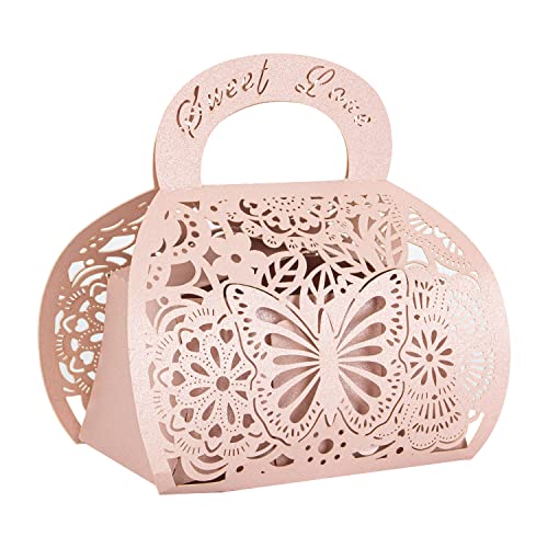 25PCS Pink Laser Cut Favor Boxes, Small Butterfly Wedding Boxes with Handle, Party Favor Boxes Small Gift Boxes Candy Boxes for Birthday Parties, Baby Shower, Bridal Showers, Anniversary (3.5"x2"x3")