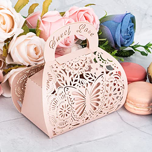 25PCS Pink Laser Cut Favor Boxes, Small Butterfly Wedding Boxes with Handle, Party Favor Boxes Small Gift Boxes Candy Boxes for Birthday Parties, Baby Shower, Bridal Showers, Anniversary (3.5"x2"x3")