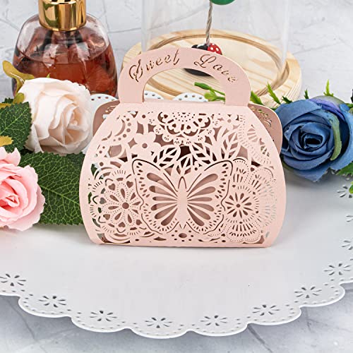 25PCS Pink Laser Cut Favor Boxes, Small Butterfly Wedding Boxes with Handle, Party Favor Boxes Small Gift Boxes Candy Boxes for Birthday Parties, Baby Shower, Bridal Showers, Anniversary (3.5"x2"x3")