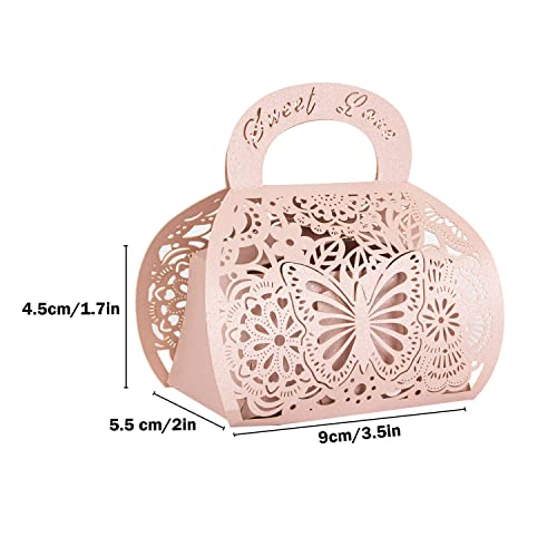 25PCS Pink Laser Cut Favor Boxes, Small Butterfly Wedding Boxes with Handle, Party Favor Boxes Small Gift Boxes Candy Boxes for Birthday Parties, Baby Shower, Bridal Showers, Anniversary (3.5"x2"x3")