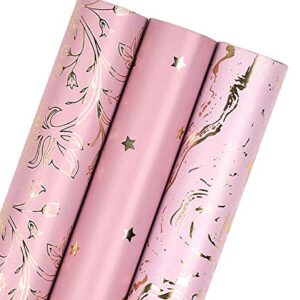 WRAPAHOLIC Wrapping Paper Roll - Pink Marble/Floral/Star Set, Perfect for Birthday, Holiday, Mother's Day, Wedding, Valentine's Day, Graduation Baby Shower - 3 Rolls - 30 inch x 120 inch