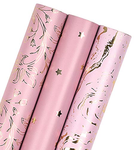 WRAPAHOLIC Wrapping Paper Roll - Pink Marble/Floral/Star Set, Perfect for Birthday, Holiday, Mother's Day, Wedding, Valentine's Day, Graduation Baby Shower - 3 Rolls - 30 inch x 120 inch