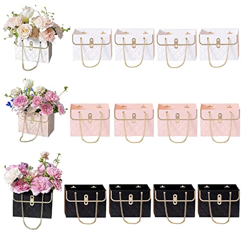 5PCs Paper Flower Gift Bags Paper Gift Bags with Handles Flower Bags for Bouquets Wedding Valentine's Day Gift Wrap Bags (Pink+White+Black 15pcs)