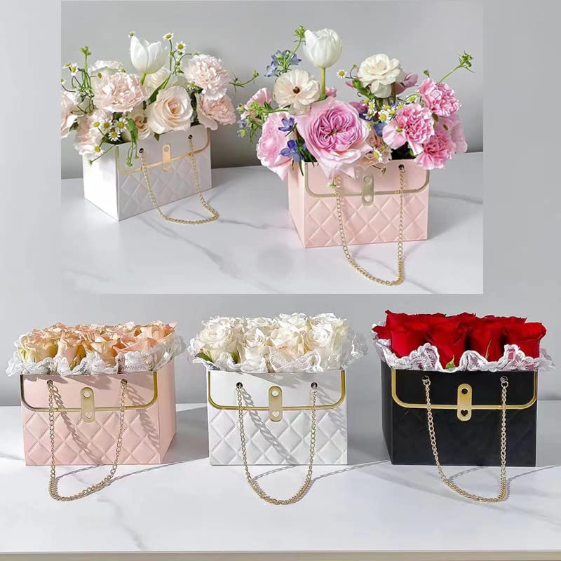 5PCs Paper Flower Gift Bags Paper Gift Bags with Handles Flower Bags for Bouquets Wedding Valentine's Day Gift Wrap Bags (Pink+White+Black 15pcs)