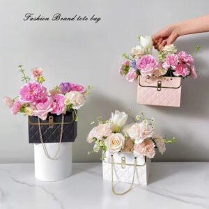 5PCs Paper Flower Gift Bags Paper Gift Bags with Handles Flower Bags for Bouquets Wedding Valentine's Day Gift Wrap Bags (Pink+White+Black 15pcs)