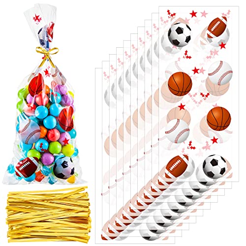 Outus 100 Pieces Sport Treat Bags Football Candy Bags Soccer Baseball Basketball Party Treat Goodie Bags Cellophane Bags with 100 Pieces Gold Twist Ties for Sport Theme Party Favors