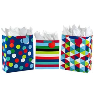 hallmark 13″ large and 15″ extra large gift bags assortment with tissue paper (pack of 3: celebrate, rainbow stripes, polka dots) for christmas, birthdays, father’s day, graduations or any occasion