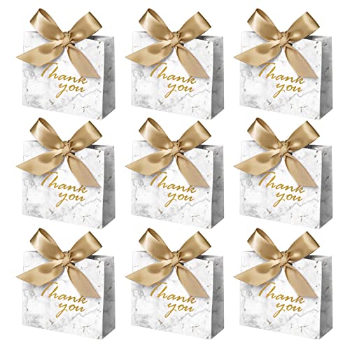 YHJZ Small Gift Bags-24 Pack Small Marble Thank You Gift Bags with Bow Ribbon, Paper Party Favor Bags Bulk, Mini Gift Bags, Treat Boxes for Wedding Baby Shower Party Supplies (4.5''x1.8''x3.9'', Gold-2)