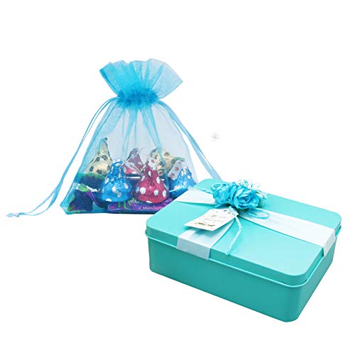 HRX Package 100pcs Organza Jewelry Drawstring Pouches Turquoise Blue, 3.9 x 4.6 inch Little Mesh Candy Bags Mini Sachet for Small Christmas Gifts Jewelry