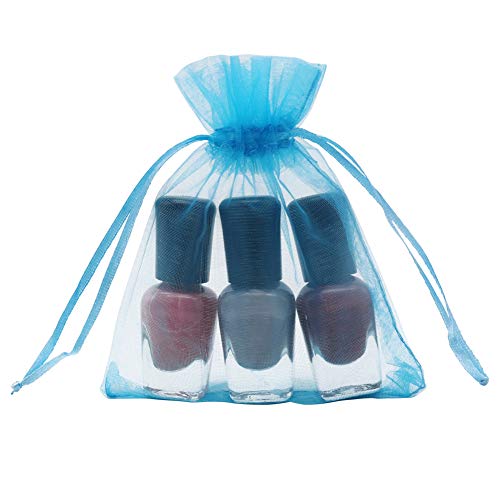 HRX Package 100pcs Organza Jewelry Drawstring Pouches Turquoise Blue, 3.9 x 4.6 inch Little Mesh Candy Bags Mini Sachet for Small Christmas Gifts Jewelry