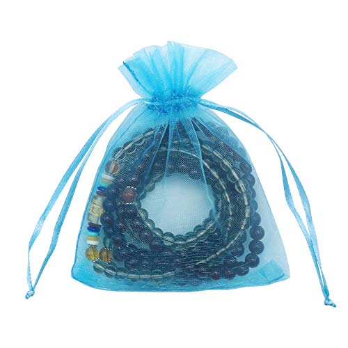 HRX Package 100pcs Organza Jewelry Drawstring Pouches Turquoise Blue, 3.9 x 4.6 inch Little Mesh Candy Bags Mini Sachet for Small Christmas Gifts Jewelry