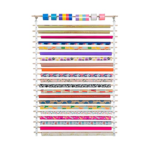 RELODECOR Gift Wrapping Paper Storage Organizer - 22 Rolls - Ribbons, Cellophane, Vinyl Rolls, Paper and Other Arts and Crafts Items Hanging Rack Dispenser, Easy Wall Mount Wrapper Storage