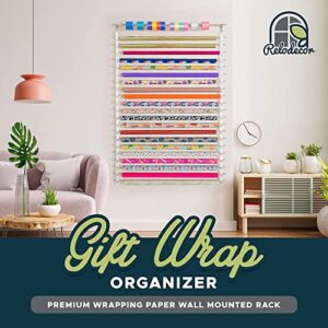 RELODECOR Gift Wrapping Paper Storage Organizer - 22 Rolls - Ribbons, Cellophane, Vinyl Rolls, Paper and Other Arts and Crafts Items Hanging Rack Dispenser, Easy Wall Mount Wrapper Storage