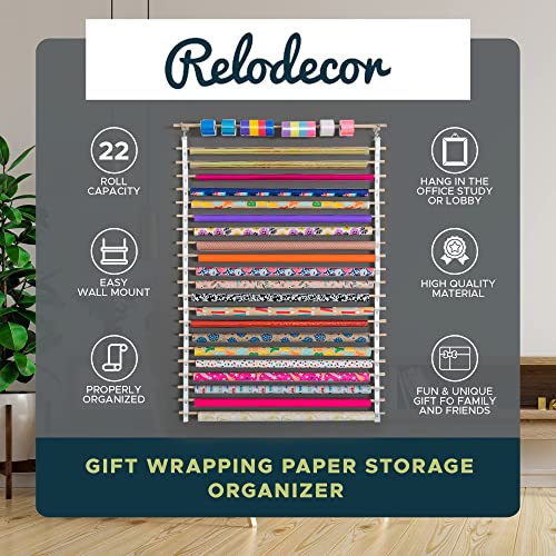 RELODECOR Gift Wrapping Paper Storage Organizer - 22 Rolls - Ribbons, Cellophane, Vinyl Rolls, Paper and Other Arts and Crafts Items Hanging Rack Dispenser, Easy Wall Mount Wrapper Storage