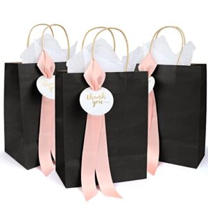 lesumoo 12 pack thank you gift bags with pink ribbons and thank you cards, 8×4.75×10 small black gift bags for wedding guests bridal shower birthday party