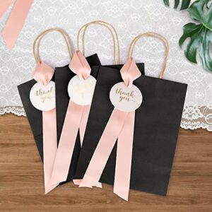 Lesumoo 12 Pack Thank You Gift Bags with Pink Ribbons and Thank You Cards, 8x4.75x10 Small Black Gift Bags for Wedding Guests Bridal Shower Birthday Party