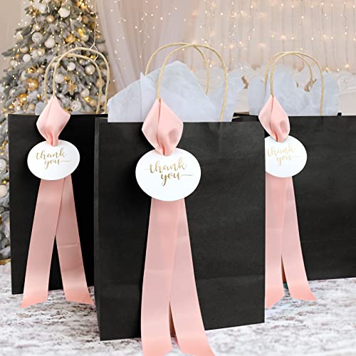 Lesumoo 12 Pack Thank You Gift Bags with Pink Ribbons and Thank You Cards, 8x4.75x10 Small Black Gift Bags for Wedding Guests Bridal Shower Birthday Party