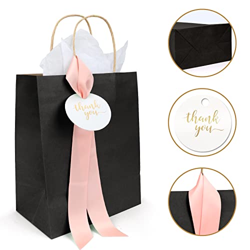 Lesumoo 12 Pack Thank You Gift Bags with Pink Ribbons and Thank You Cards, 8x4.75x10 Small Black Gift Bags for Wedding Guests Bridal Shower Birthday Party