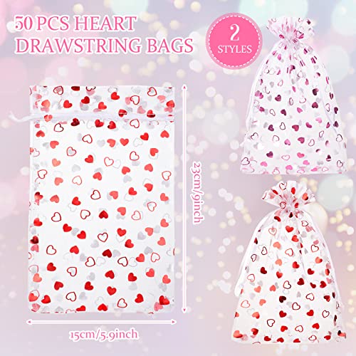 50 Pieces Heart Organza Bags with Drawstring 6 x 9 Inches Jewelry Sheer Bag Mini Mesh Bags Candy Gift Packaging Pouch Bag for Mother's Day Wedding Festival Birthday Party Favor Supplies