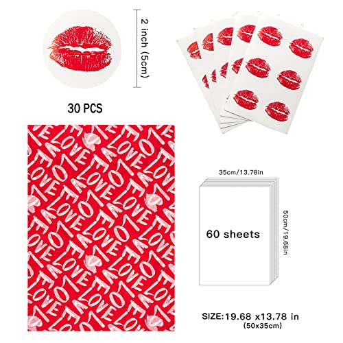 LeZakaa 60 Sheets Tissue Paper Bulk & 30 Pcs Lip Print Gift Sticker -"Love" Lettering Design for Valentine's Day (13.8 inch x 19.7 inch)