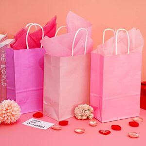 Whaline Pink Bulk Kraft Party Gift Bags with Tissue Paper Pink Paper Bags with Handles Reusable Gift Bag Grocery Goodie Bag for Valentine's Day Birthday Baby Shower Wedding Party Supplie