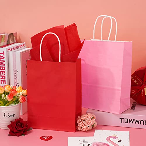 Whaline Pink Bulk Kraft Party Gift Bags with Tissue Paper Pink Paper Bags with Handles Reusable Gift Bag Grocery Goodie Bag for Valentine's Day Birthday Baby Shower Wedding Party Supplie