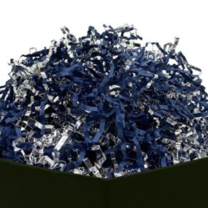 cutcatwing 1/2 lb navy blue and silver metallic crinkle cut paper shred filler raffia paper shredded filler for gift wrapping bags packing baskets (navy blue & silver)