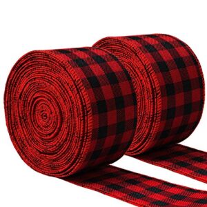 uratot 2 rolls red and black plaid burlap ribbon wired ribbon christmas wrapping ribbon for christmas crafts decoration, floral bows craft, 472 by 2.48 inch