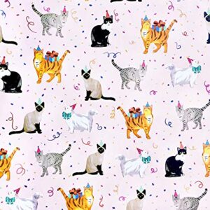 REVEL & Co Party Cats on Pink Premium Folded Wrapping Paper, 2 feet x 10 feet folded birthday feline gift wrap