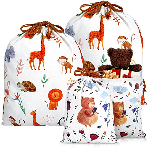 4 Pieces Large Baby Shower Drawstring Gift Bags Reusable Fabric Wrap Woodland Party Favor Bags for Baby Shower Gender Reveal Kids Birthday Supplies, 20.5 x 16.5 Inch, 12.6 x 9.8 Inch (Animal Style)