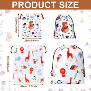 4 Pieces Large Baby Shower Drawstring Gift Bags Reusable Fabric Wrap Woodland Party Favor Bags for Baby Shower Gender Reveal Kids Birthday Supplies, 20.5 x 16.5 Inch, 12.6 x 9.8 Inch (Animal Style)