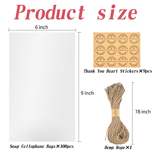 100pcs 6"x 9" Clear Soap Bags Cellophane Gift Bags with 9 Pieces Stickers and Hemp Rope for Homemade Soap Craft Gift Packaging Supplies Box Birthday Party