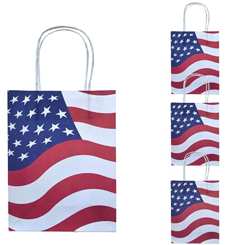 SUNNAMUSK Memorial Day Gifts Bags 12PCS American Flag Patriotic Thank You Gift Bags with Red White Blue USA Memorial Day Paper Treat Goodie Bags with Handle for Veterans Day Independence Day Party