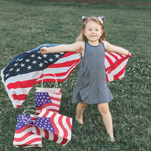 SUNNAMUSK Memorial Day Gifts Bags 12PCS American Flag Patriotic Thank You Gift Bags with Red White Blue USA Memorial Day Paper Treat Goodie Bags with Handle for Veterans Day Independence Day Party