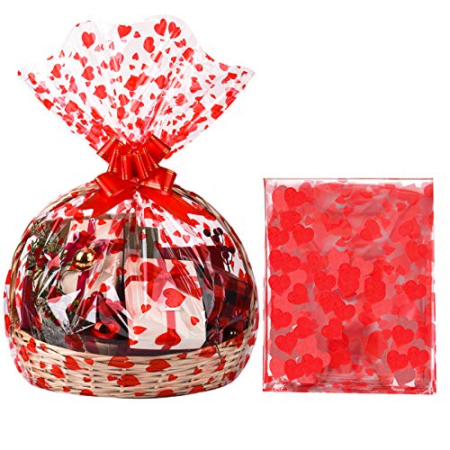 Zonon 20 Pcs Valentine Cellophane Bags 35 x 23 In Valentine Basket Bags Heart Printed Cellophane Wrap red Basket Bags Large Cellophane Bags for Baskets, Weddings (Heart Style)