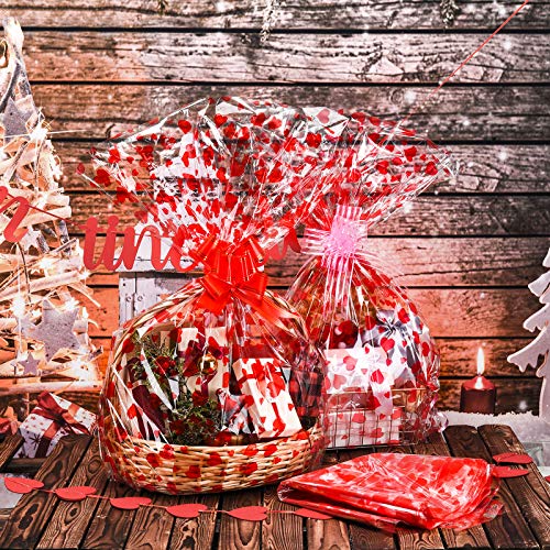 Zonon 20 Pcs Valentine Cellophane Bags 35 x 23 In Valentine Basket Bags Heart Printed Cellophane Wrap red Basket Bags Large Cellophane Bags for Baskets, Weddings (Heart Style)