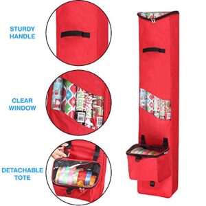 Primode Long Wrapping Paper Storage Bag Hanging | Heavy Duty Christmas Gift Wrap Storage Organizer with Detachable Accessory Tote Durable 600D Oxford (2PC Gift Wrap Case Set) 48"x 10"x 5" (Red)