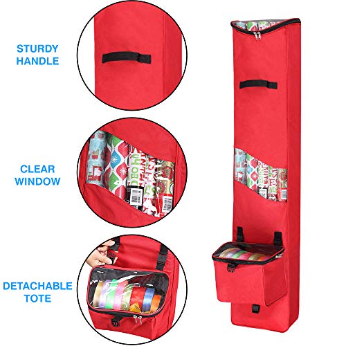 Primode Long Wrapping Paper Storage Bag Hanging | Heavy Duty Christmas Gift Wrap Storage Organizer with Detachable Accessory Tote Durable 600D Oxford (2PC Gift Wrap Case Set) 48"x 10"x 5" (Red)