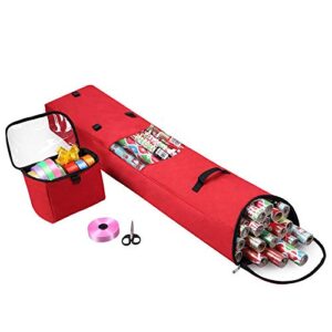 Primode Long Wrapping Paper Storage Bag Hanging | Heavy Duty Christmas Gift Wrap Storage Organizer with Detachable Accessory Tote Durable 600D Oxford (2PC Gift Wrap Case Set) 48"x 10"x 5" (Red)