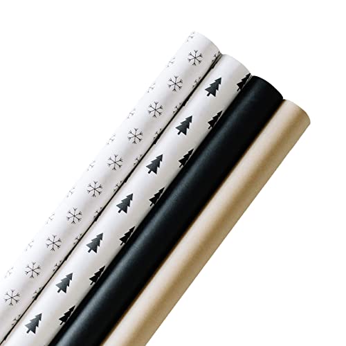 Holiday Kraft Wrapping Paper Set (4 Rolls, 120 sq. ft. Total) Black, White, Brown, Christmas Trees, Snowflakes with Cutting Grid Lines on Back