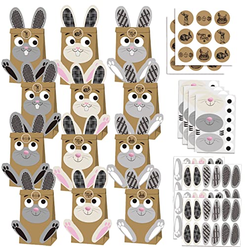 AUSHENKE Easter Gift Goodie Bags, Bunny DIY Kraft Easter Treat Paper Bags with Stickers for Spring Easter Party Favors, 12PCS