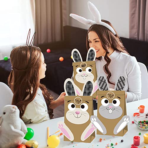 AUSHENKE Easter Gift Goodie Bags, Bunny DIY Kraft Easter Treat Paper Bags with Stickers for Spring Easter Party Favors, 12PCS