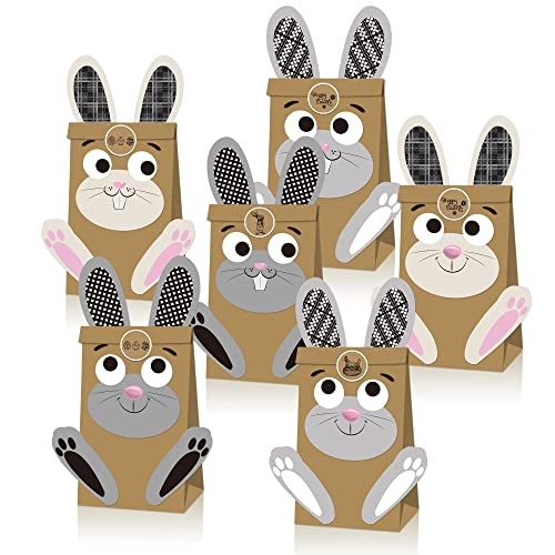 AUSHENKE Easter Gift Goodie Bags, Bunny DIY Kraft Easter Treat Paper Bags with Stickers for Spring Easter Party Favors, 12PCS