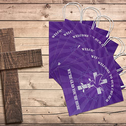 24 Pcs Church Welcome Gift Bags Purple Welcome to Our Church Gift Bags Large Religious Welcome Bags for Church Guest Baptism Goodie Bag Bulk Birthday Church Theme Party Supplies 10.7 x 4.3 x 8.7 Inch