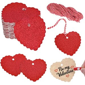 whaline 150pcs glittery valentine’s day paper tags with 98.4ft cotton rope red heart shape gift tags kraft paper hanging labels for mother’s day wedding anniversary diy crafts party favor supplies