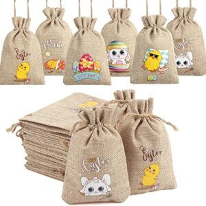 LOKIPA 24 Pcs Easter Burlap Bags, Easter Jute Burlap Bags Small Favor Bags with Drawstrings for Easter Party Favor