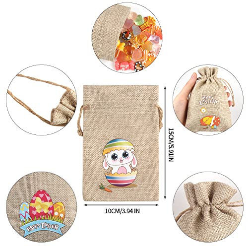 LOKIPA 24 Pcs Easter Burlap Bags, Easter Jute Burlap Bags Small Favor Bags with Drawstrings for Easter Party Favor